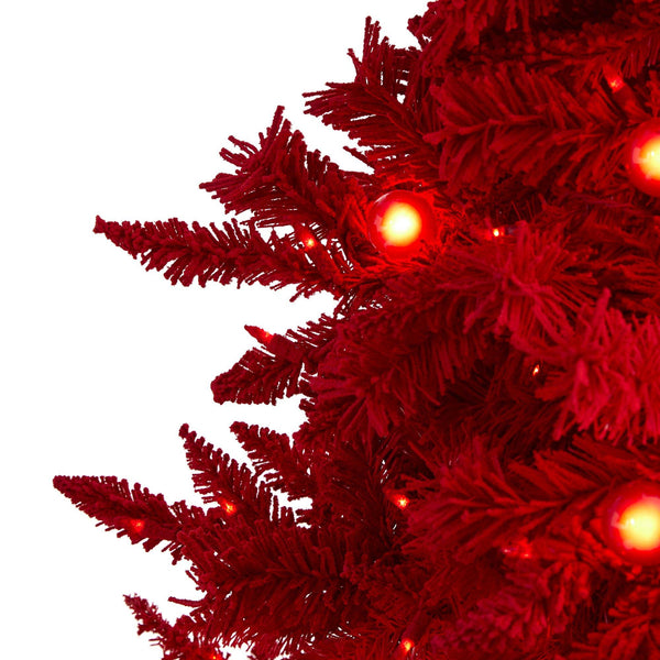 6' Red Flocked Fraser Fir Artificial Christmas Tree with 350 Red Lights ...