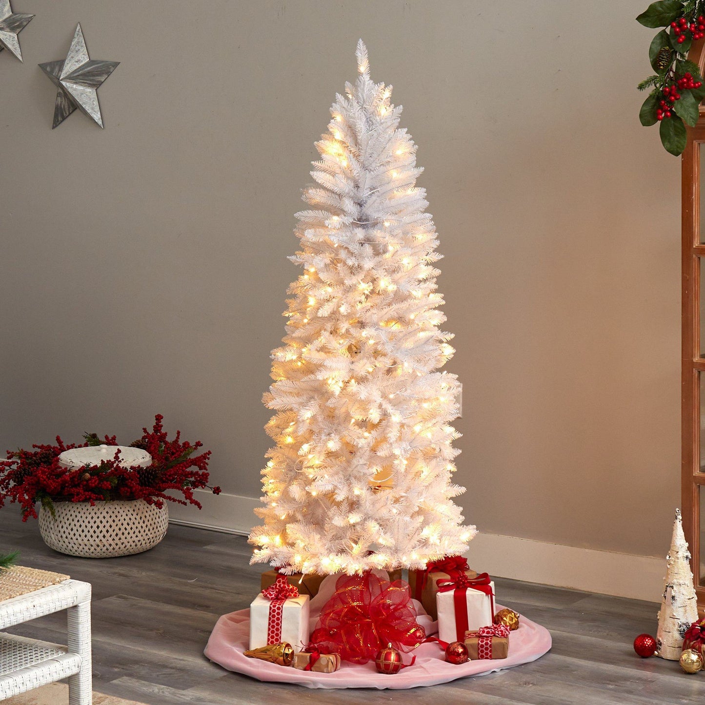 6’ Slim White Artificial Christmas Tree with 250 Warm White LED Lights ...