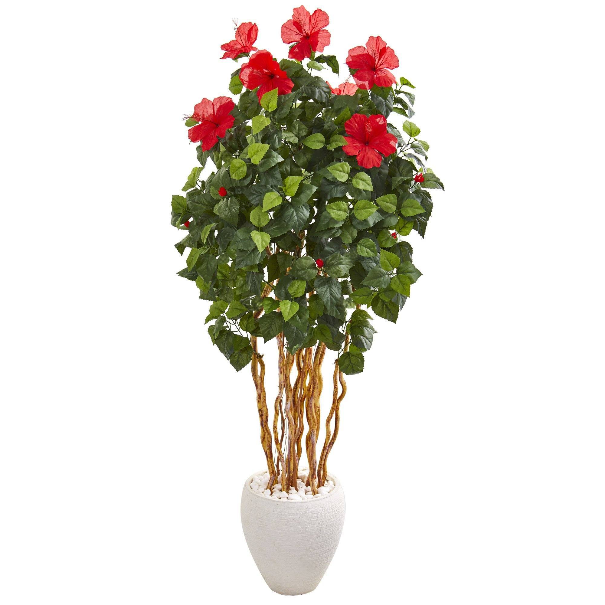 63” Hibiscus Artificial Tree in White Planter | Nearly Natural