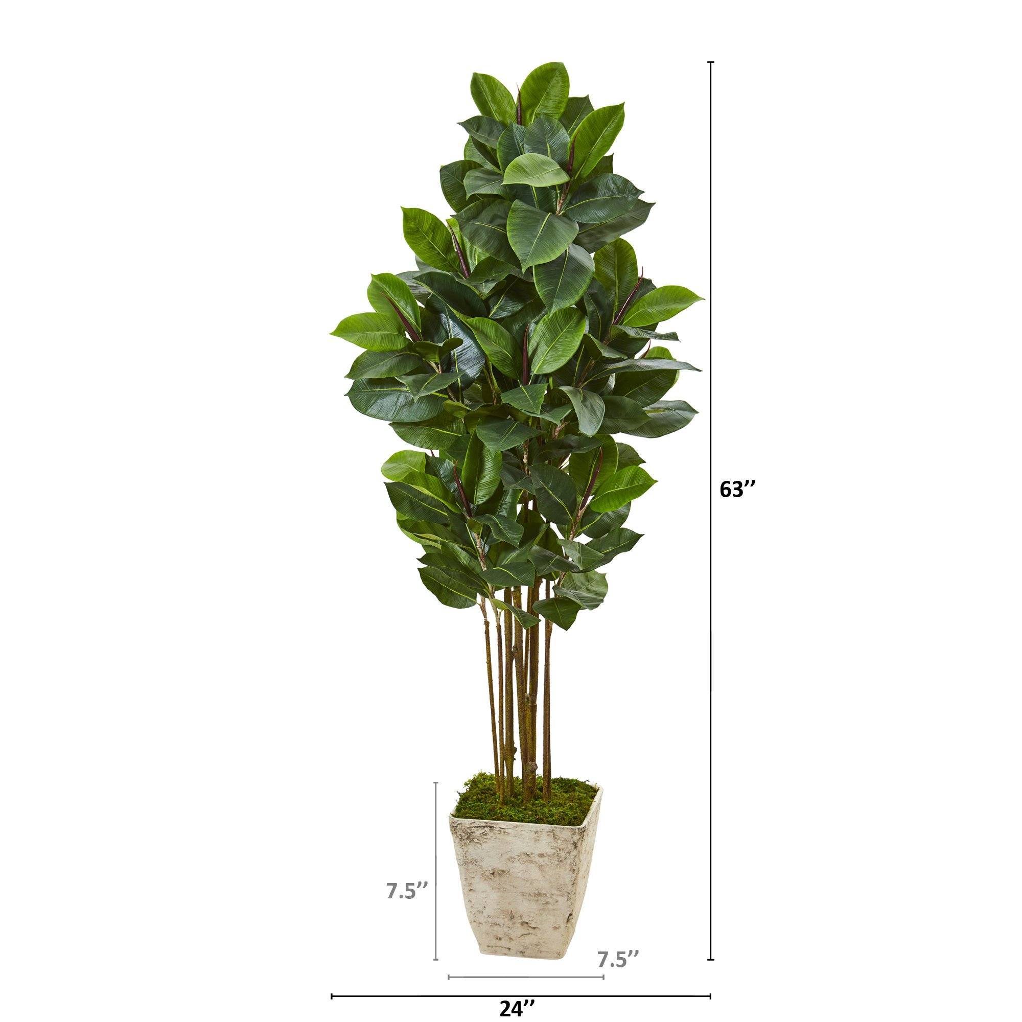 63” Rubber Leaf Artificial Tree in Country White Planter | Nearly Natural