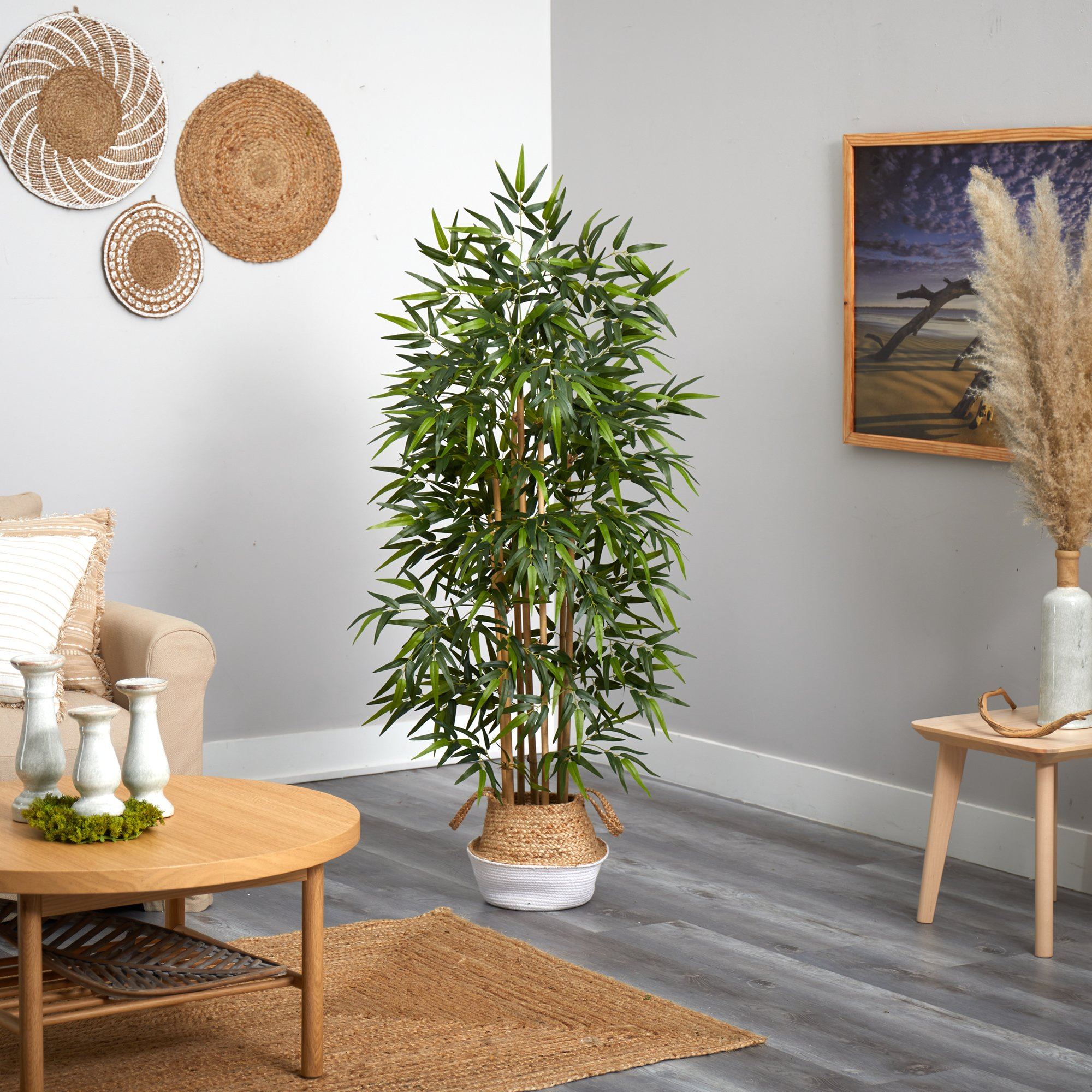 64” Bamboo Tree with Natural Bamboo Trunks in Boho Chic Handmade Cotton ...