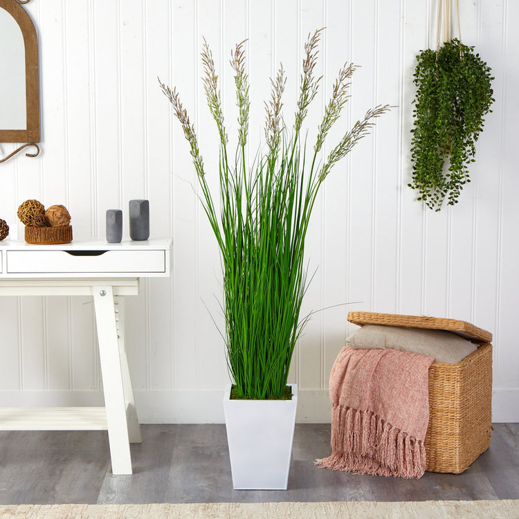 64” Wheat Grass Artificial Plant in White Metal Planter | Nearly Natural