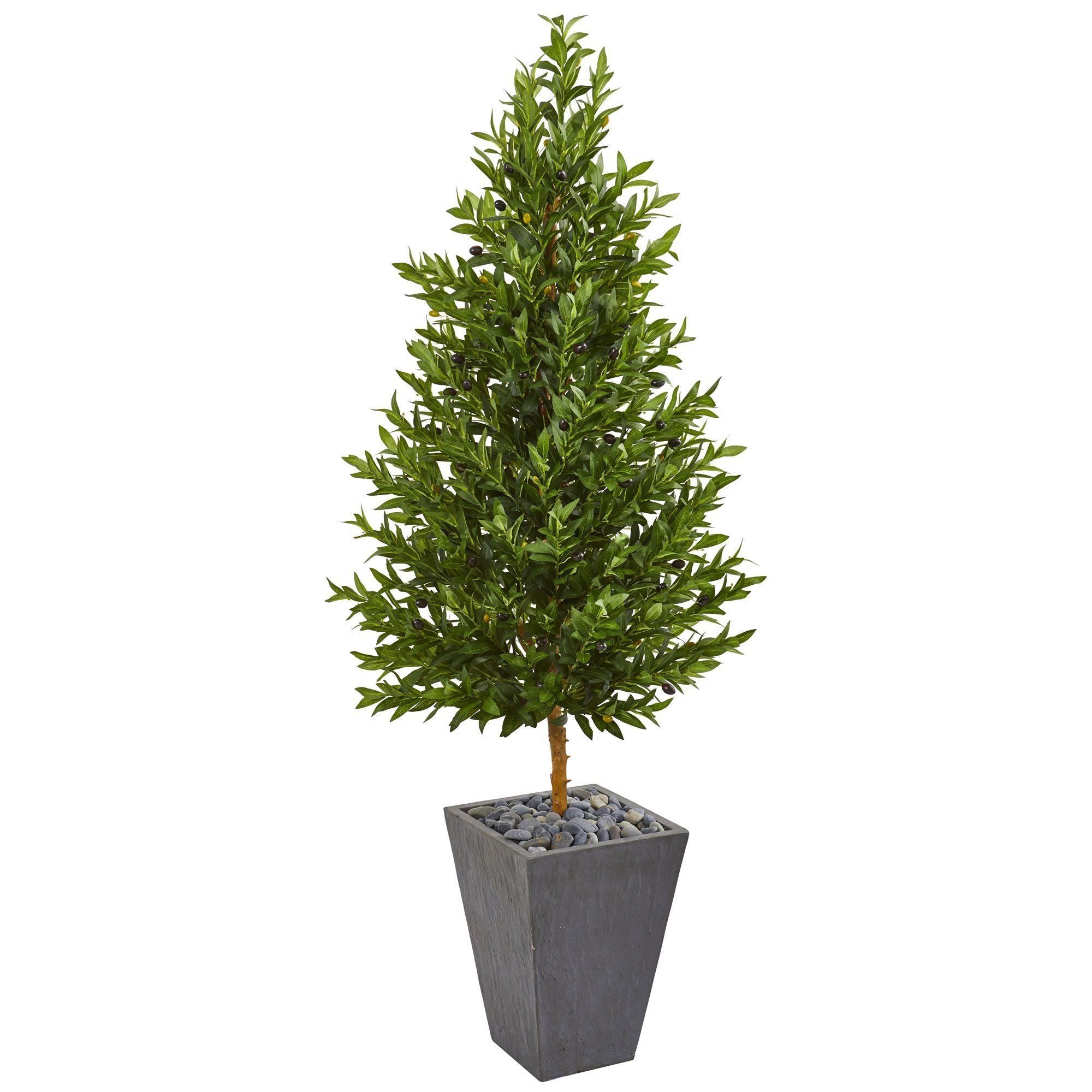 67” Olive Cone Topiary Artificial Tree in Slate Planter UV Resistant ...