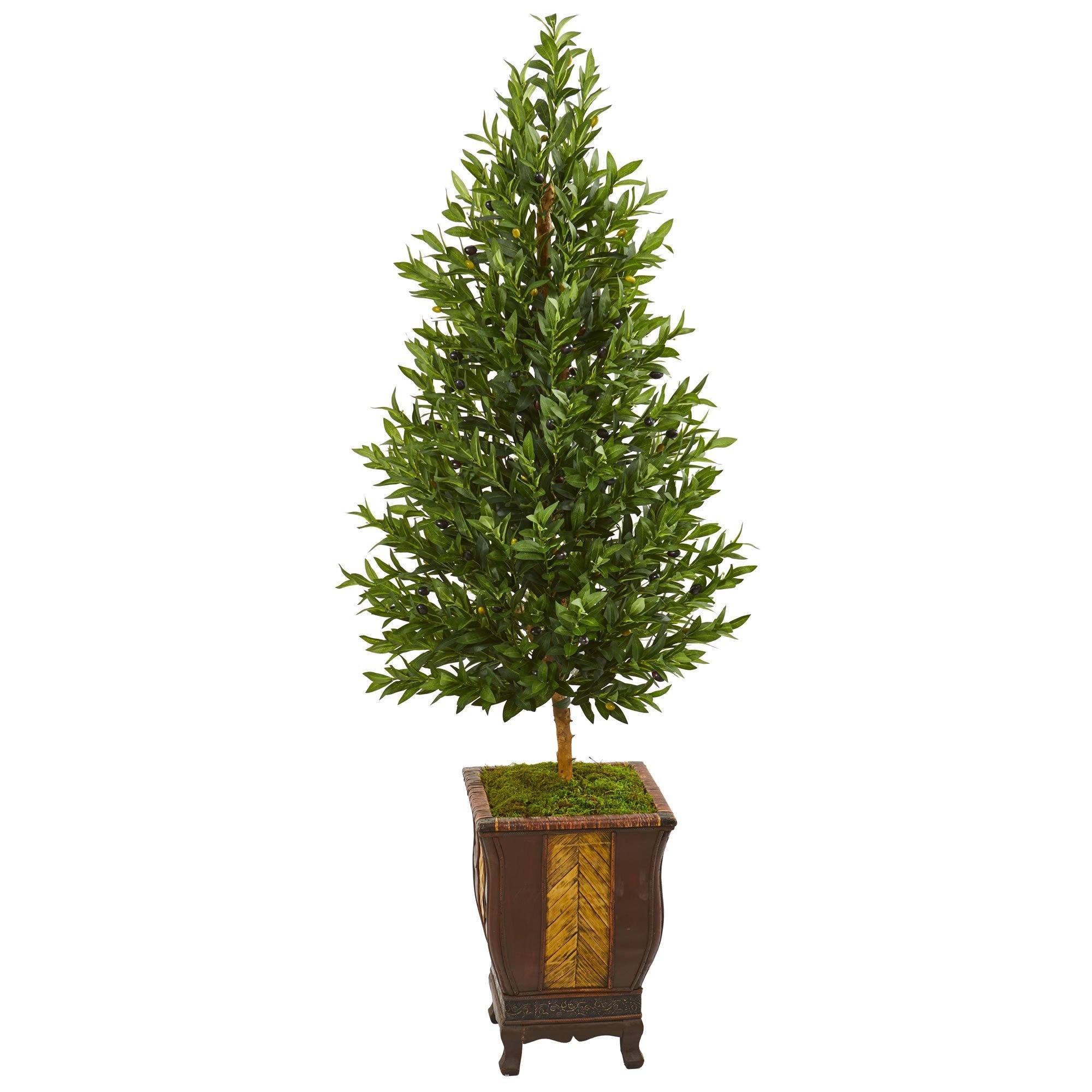 69” Olive Cone Topiary Artificial Tree in Decorative Planter | Nearly ...