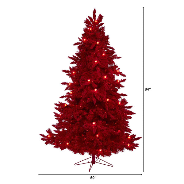 7' Red Flocked Fraser Fir Artificial Christmas Tree with 500 Red Lights ...