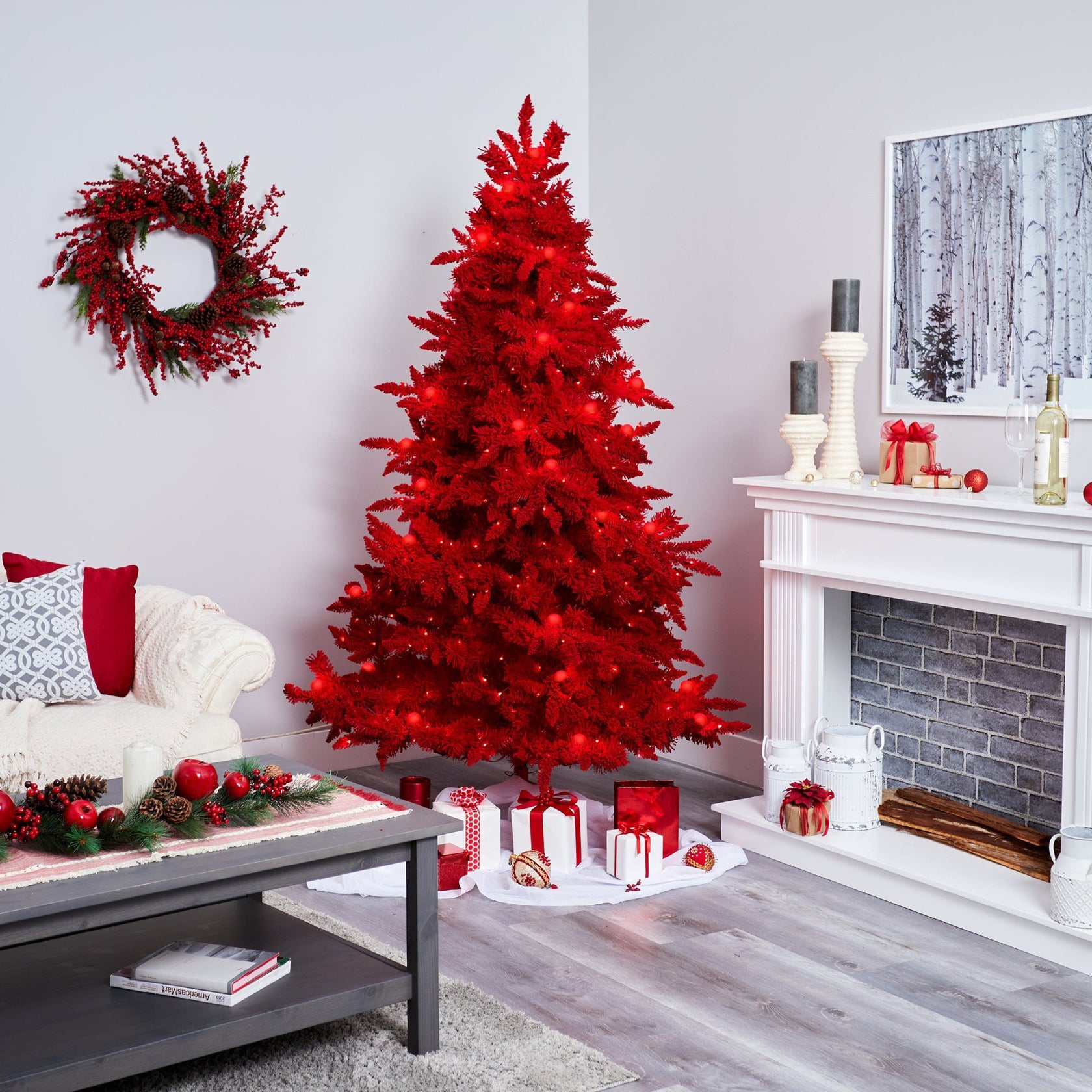 7' Red Flocked Fraser Fir Artificial Christmas Tree with 500 Red Lights ...