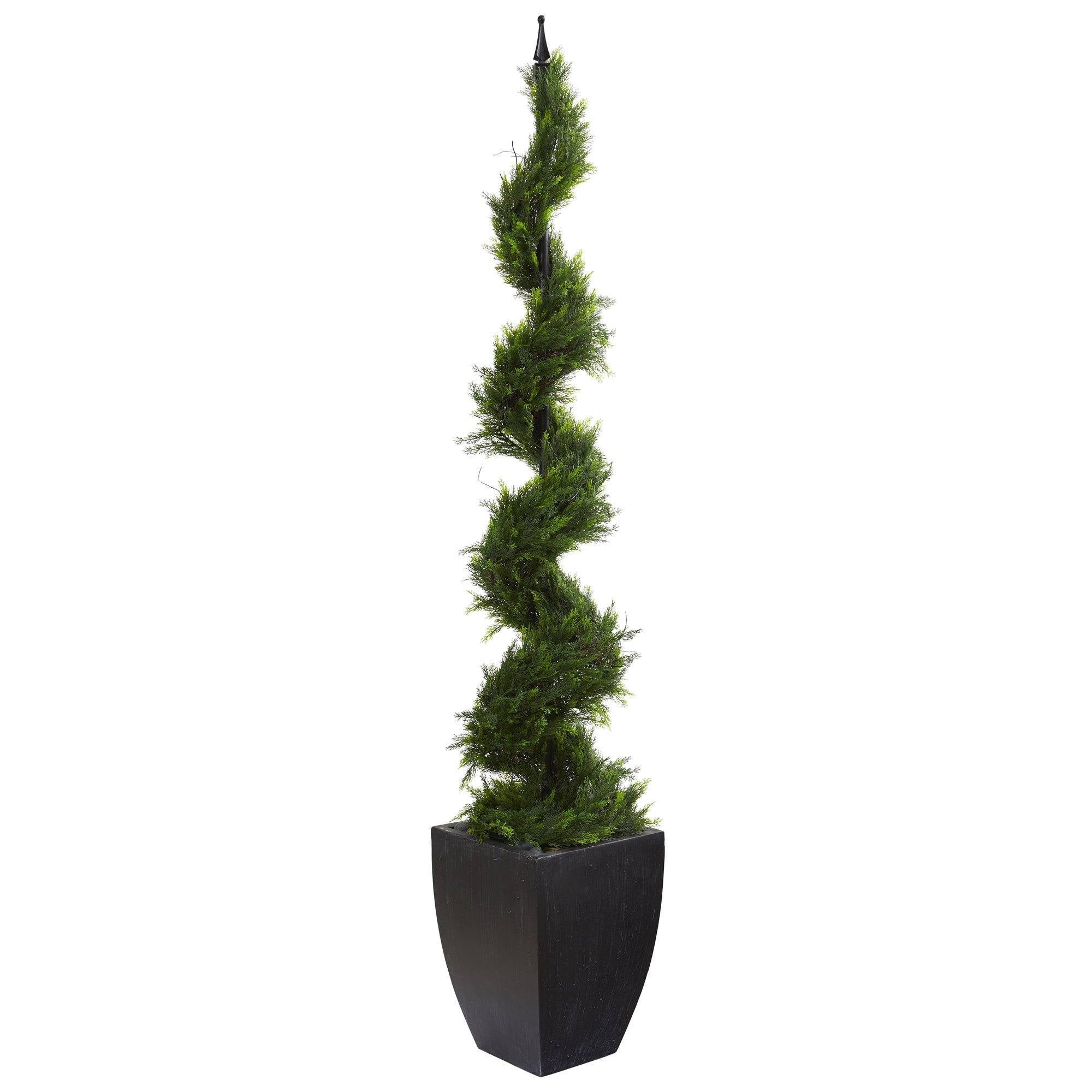 70” Cypress Artificial Spiral Tree in Black Planter | Nearly Natural