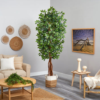 7.5' Artificial Deluxe Ficus Tree with Handmade Jute & Cotton Basket ...