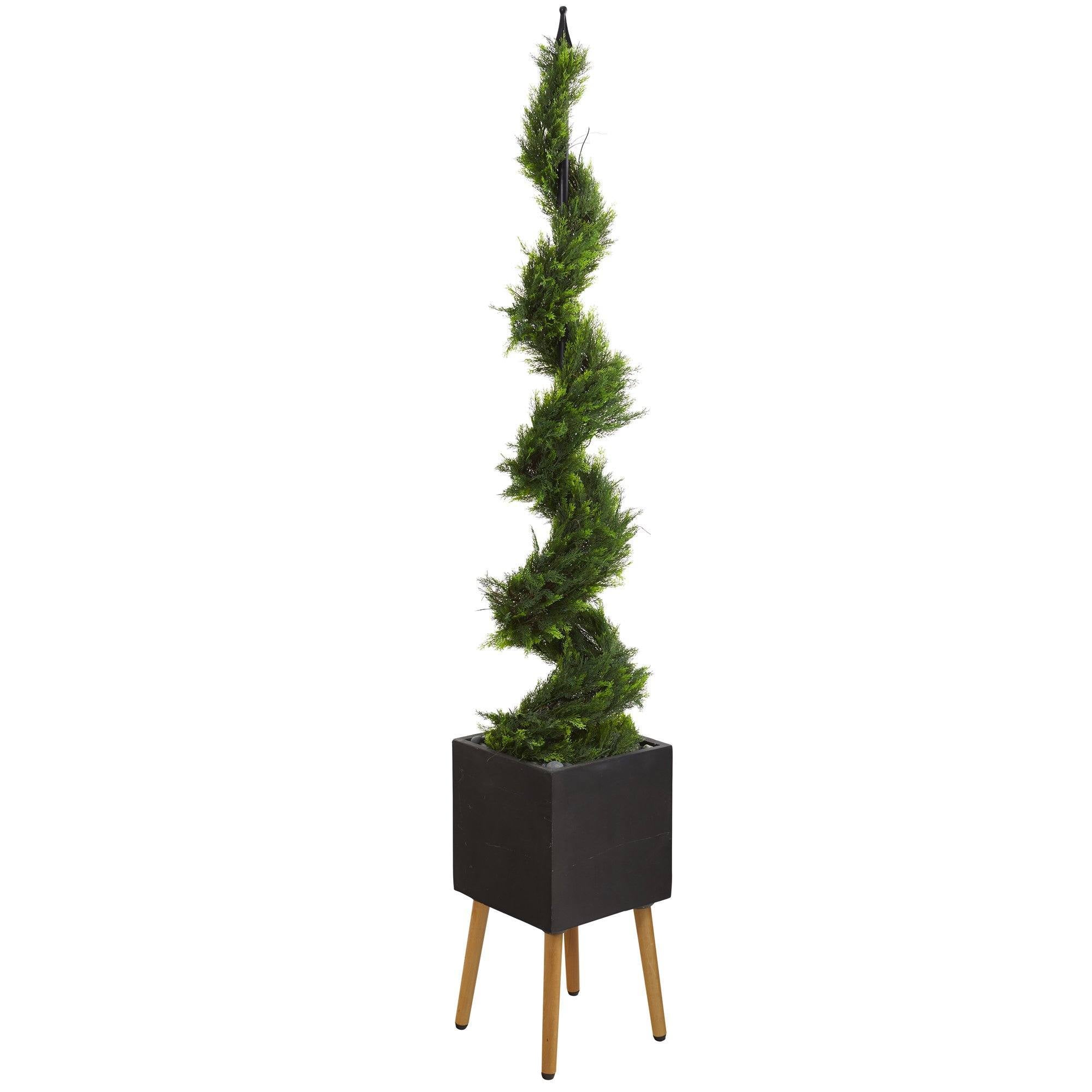 75” Cypress Artificial Spiral Tree in Black Planter with Stand | Nearly ...