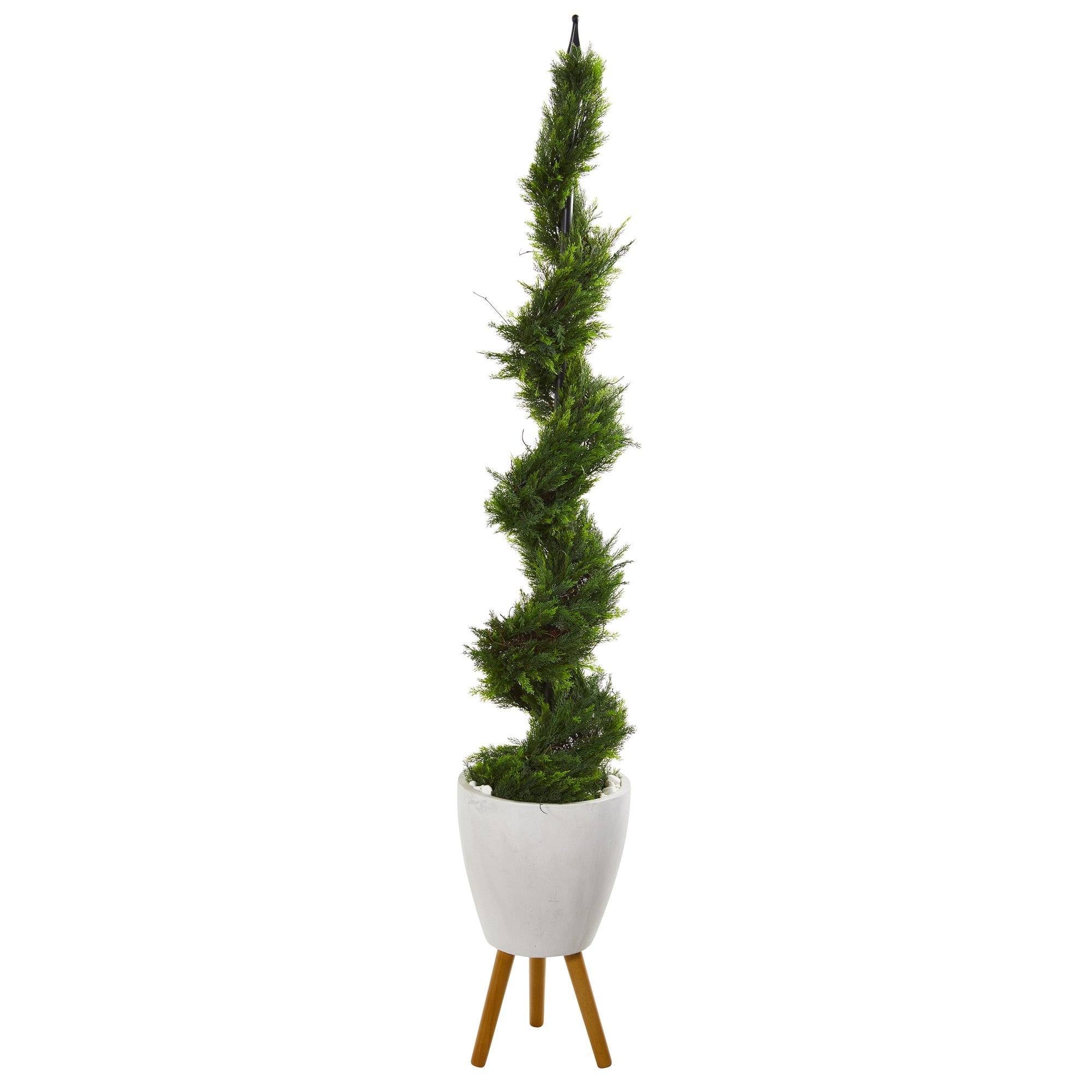 75” Cypress Artificial Spiral Tree in White Planter with Stand | Nearly ...