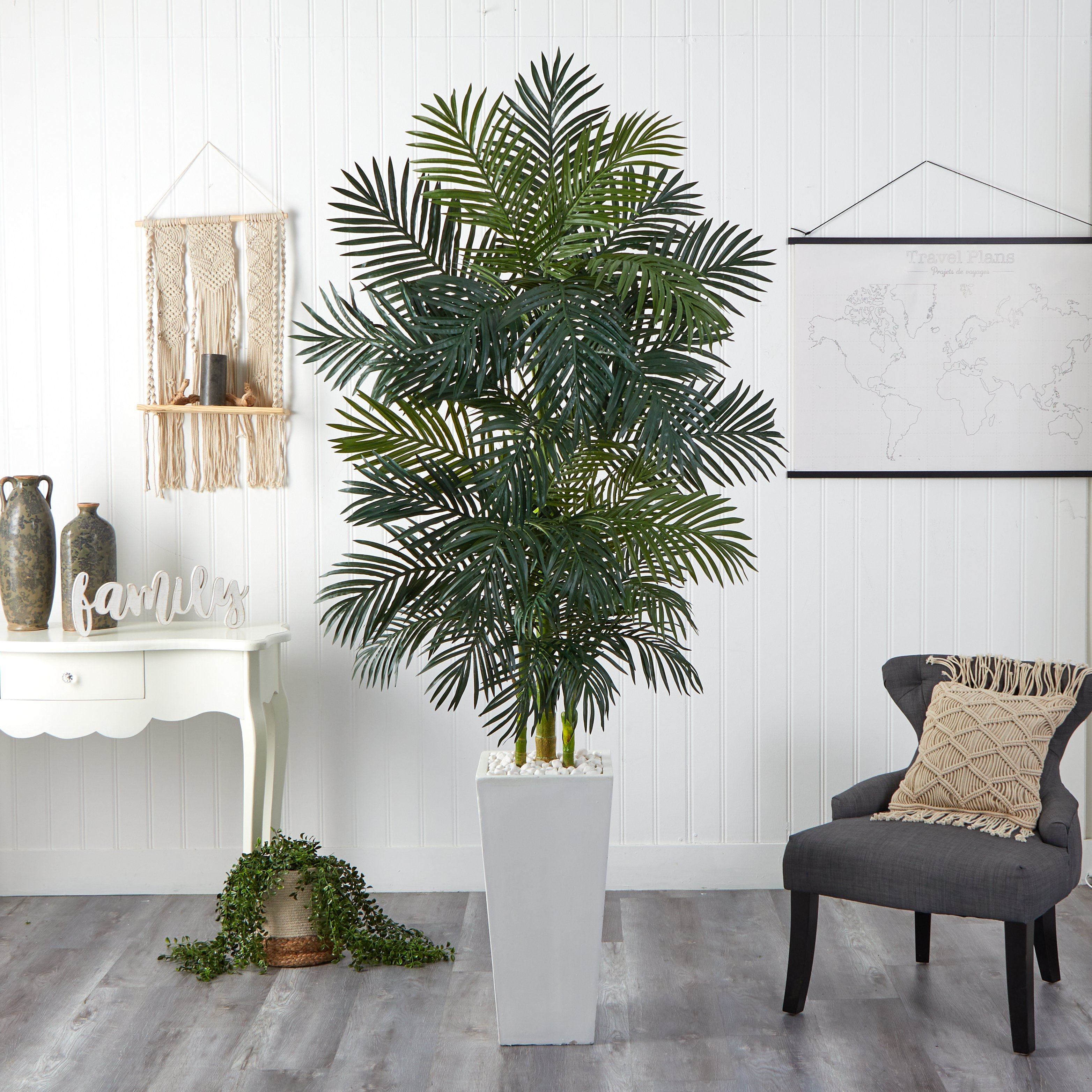 Golden Cane Palm Artificial Tree in White Tower Planter | Nearly Natural