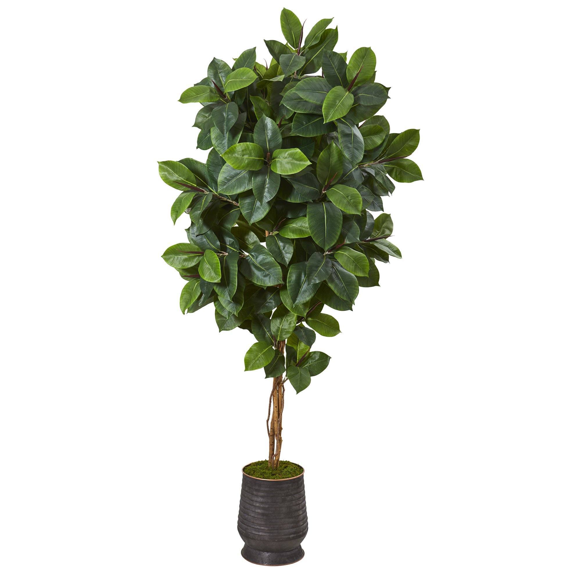 78” Rubber Leaf Artificial Tree in Ribbed Metal Planter | Nearly Natural