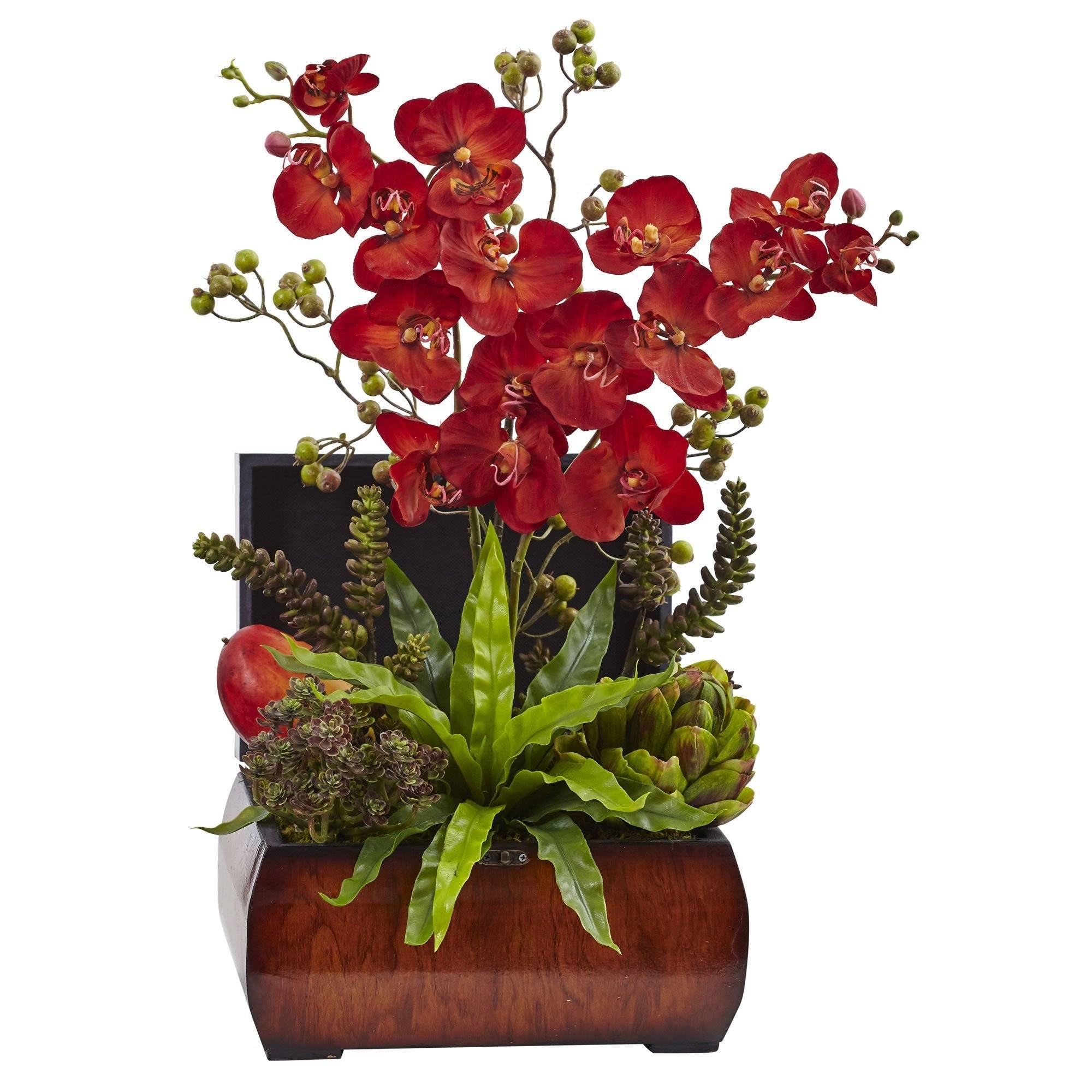 Autumn Orchid & Succulent Arrangement w/Chest | Nearly Natural