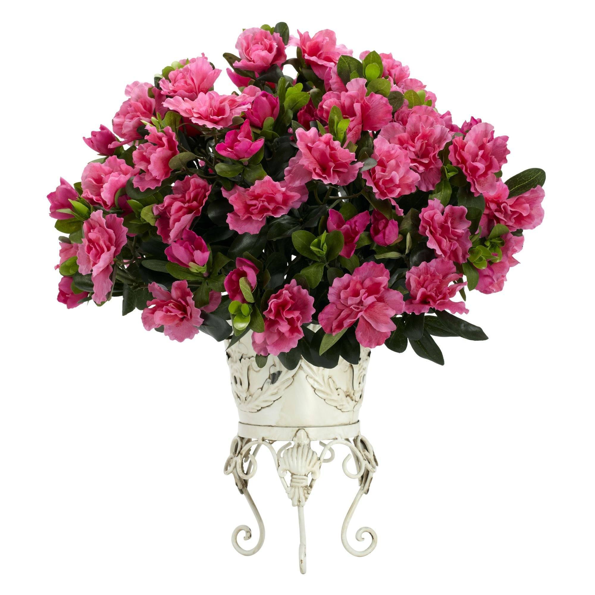 Azalea w/Metal Planter Silk Plant | Nearly Natural