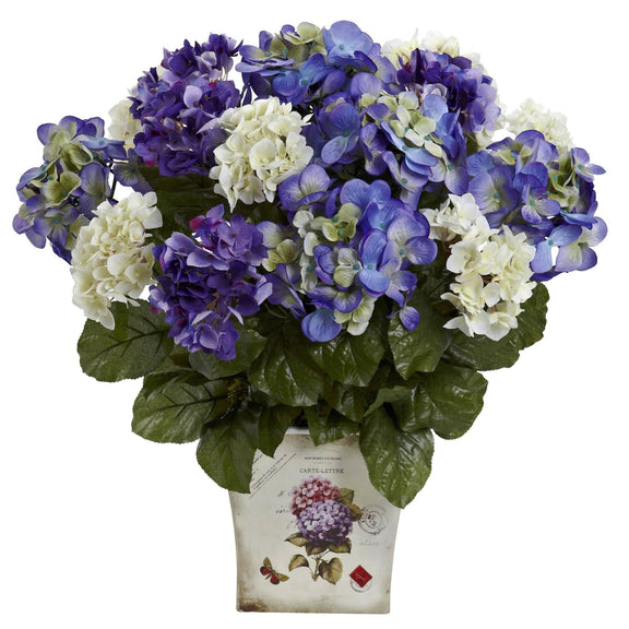 Blue, Purple, White Hydrangea w/Floral Planter 1378 Nearly Natural
