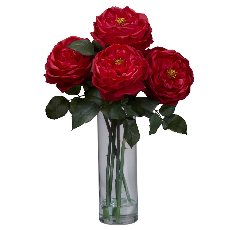 Fancy Rose w/Cylinder Vase Silk Flower Arrangement 1247 Nearly Natural