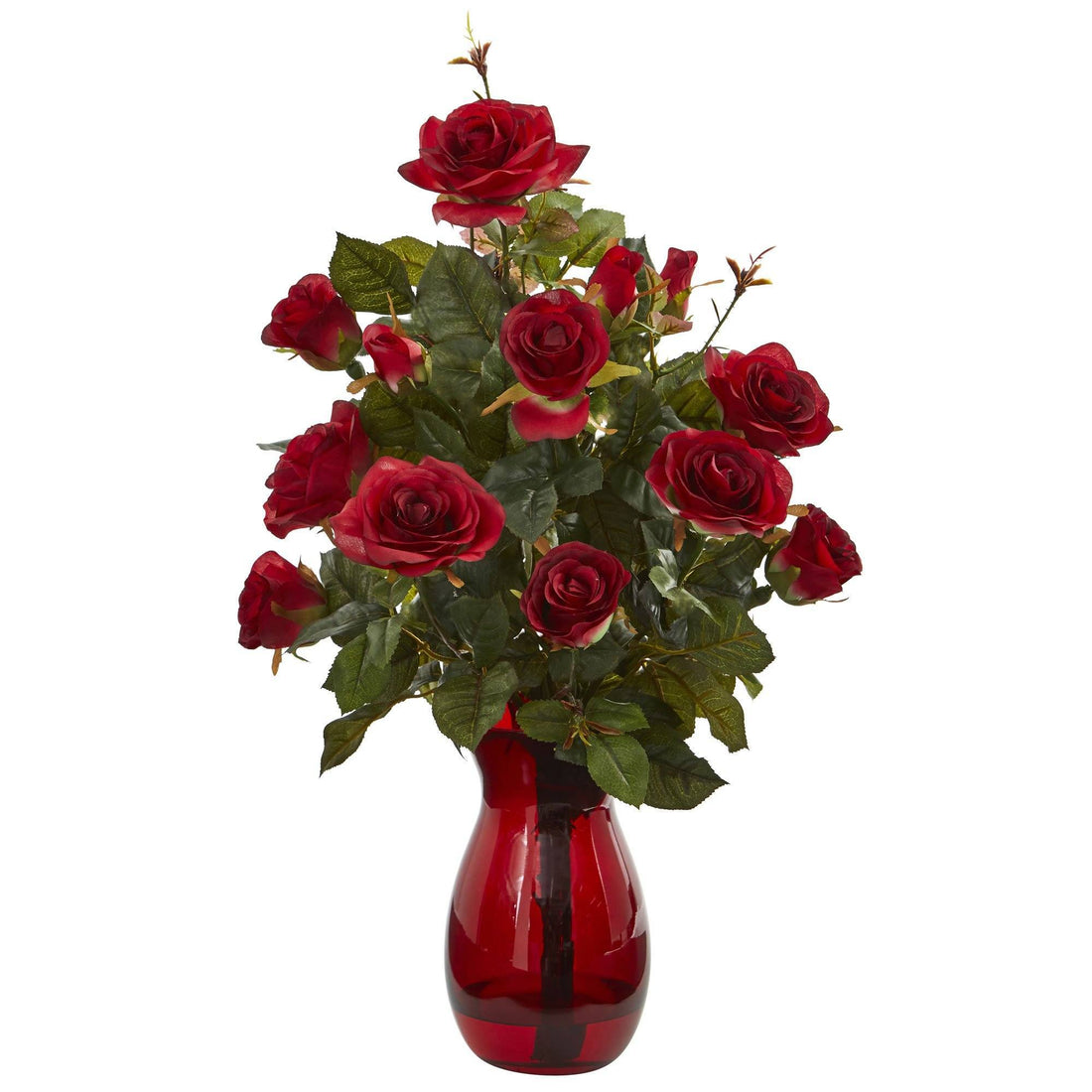 Garden Rose Artificial Arrangement in Red Vase 1660 Nearly Natural