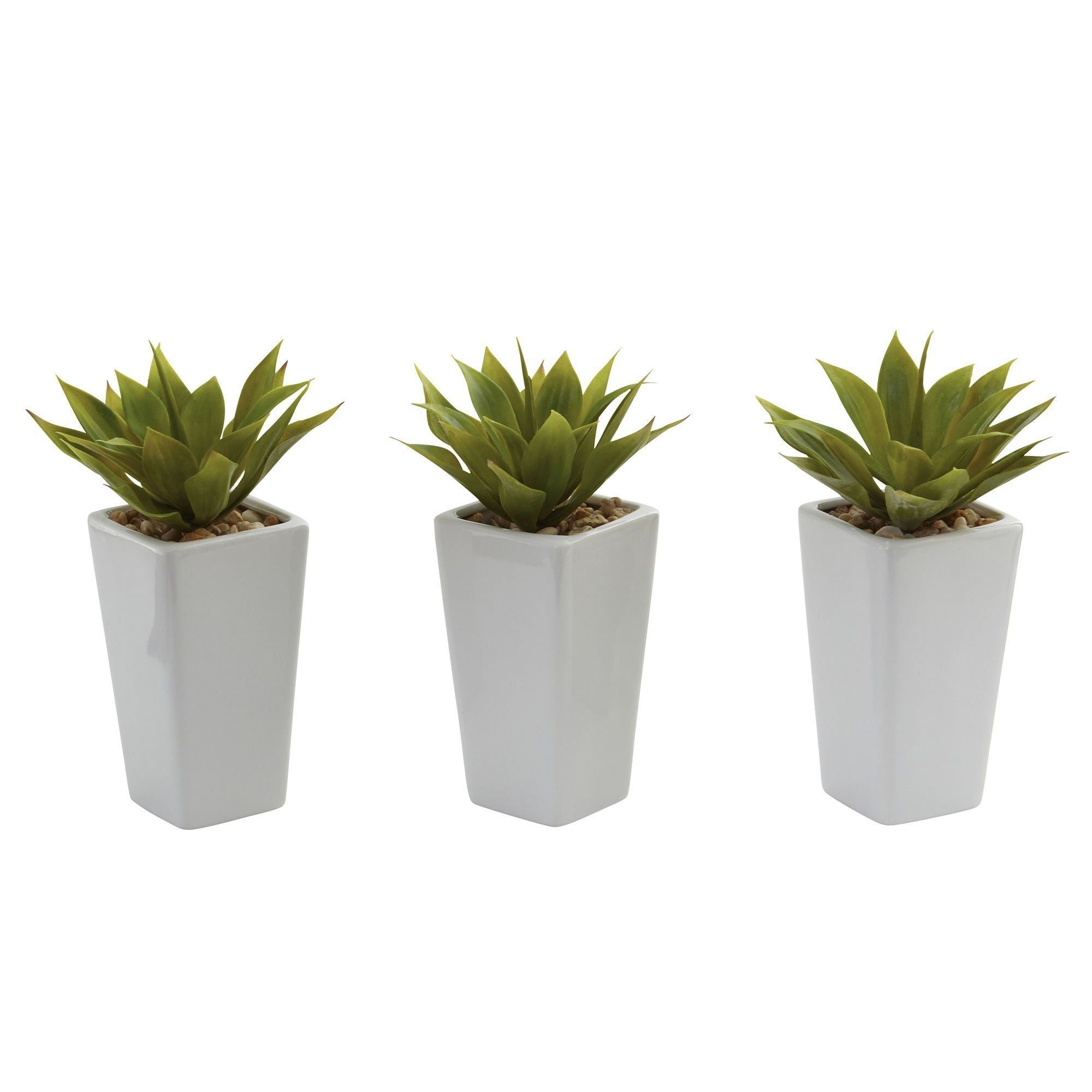 Mini Agave w/ Planter (Set of 3) White | Nearly Natural