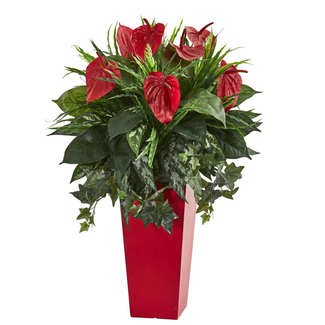 Mixed Anthurium Artificial Plant in Red Planter | Nearly Natural