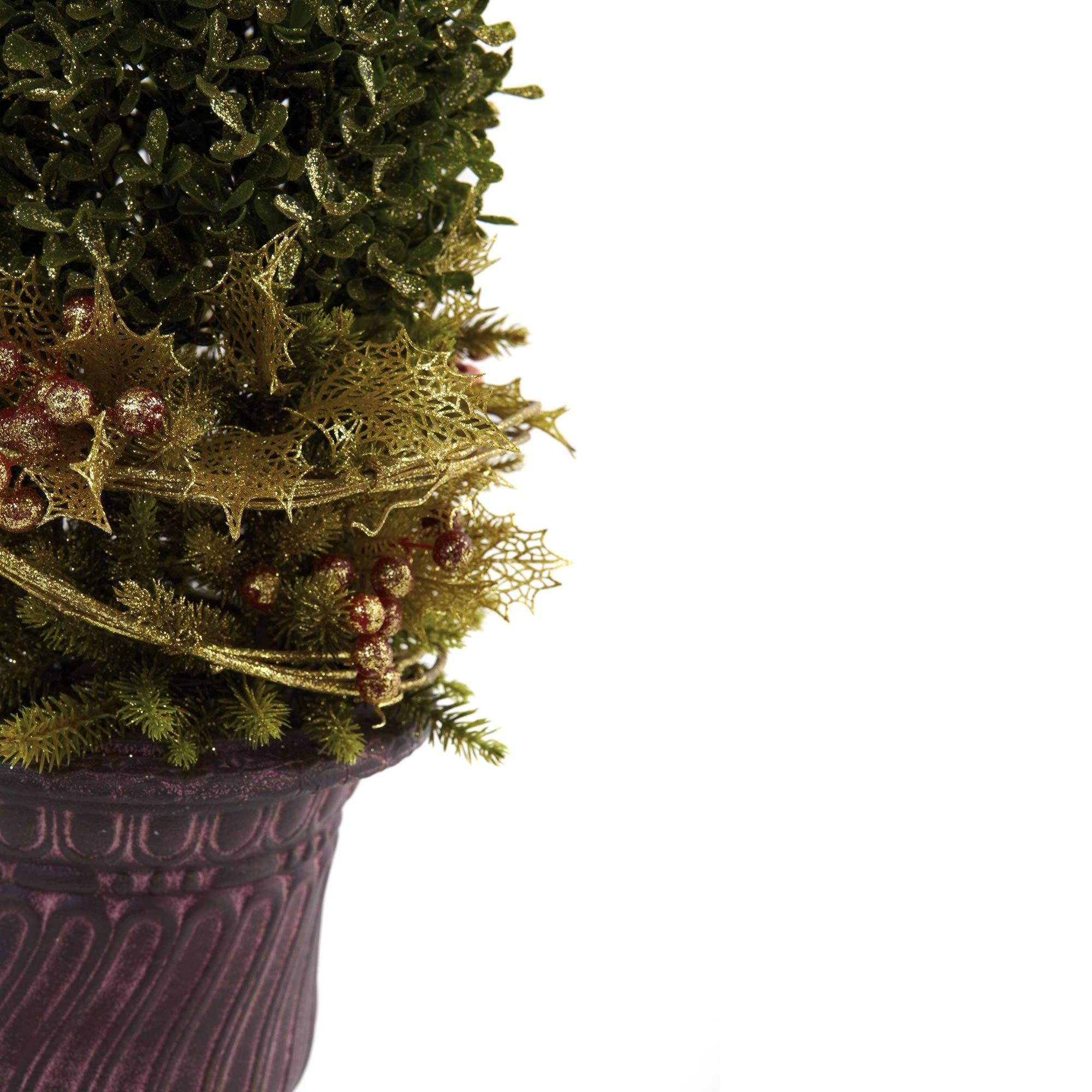 Mixed Golden Boxwood & Holly Topiary w/Urn | Nearly Natural