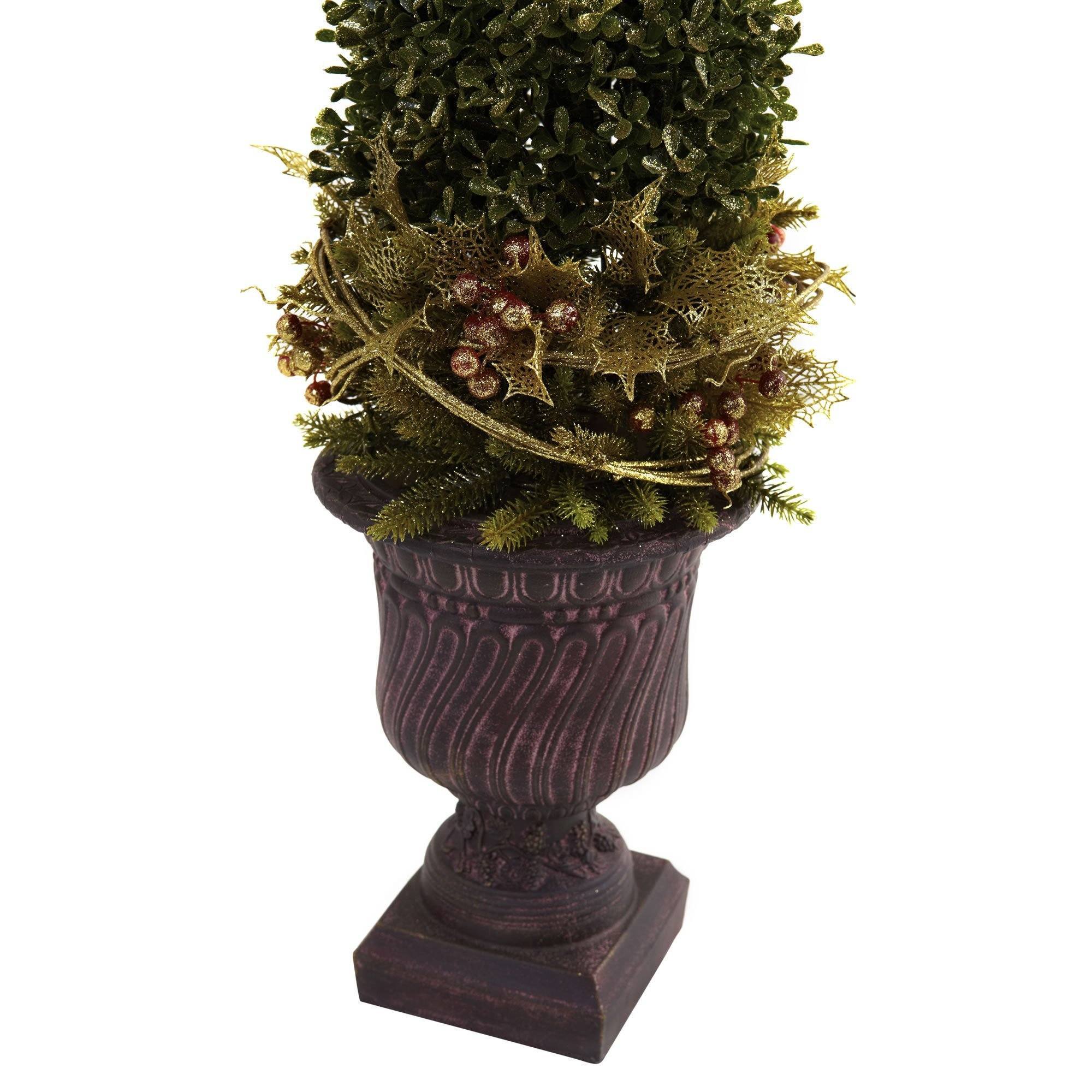 Mixed Golden Boxwood & Holly Topiary w/Urn | Nearly Natural
