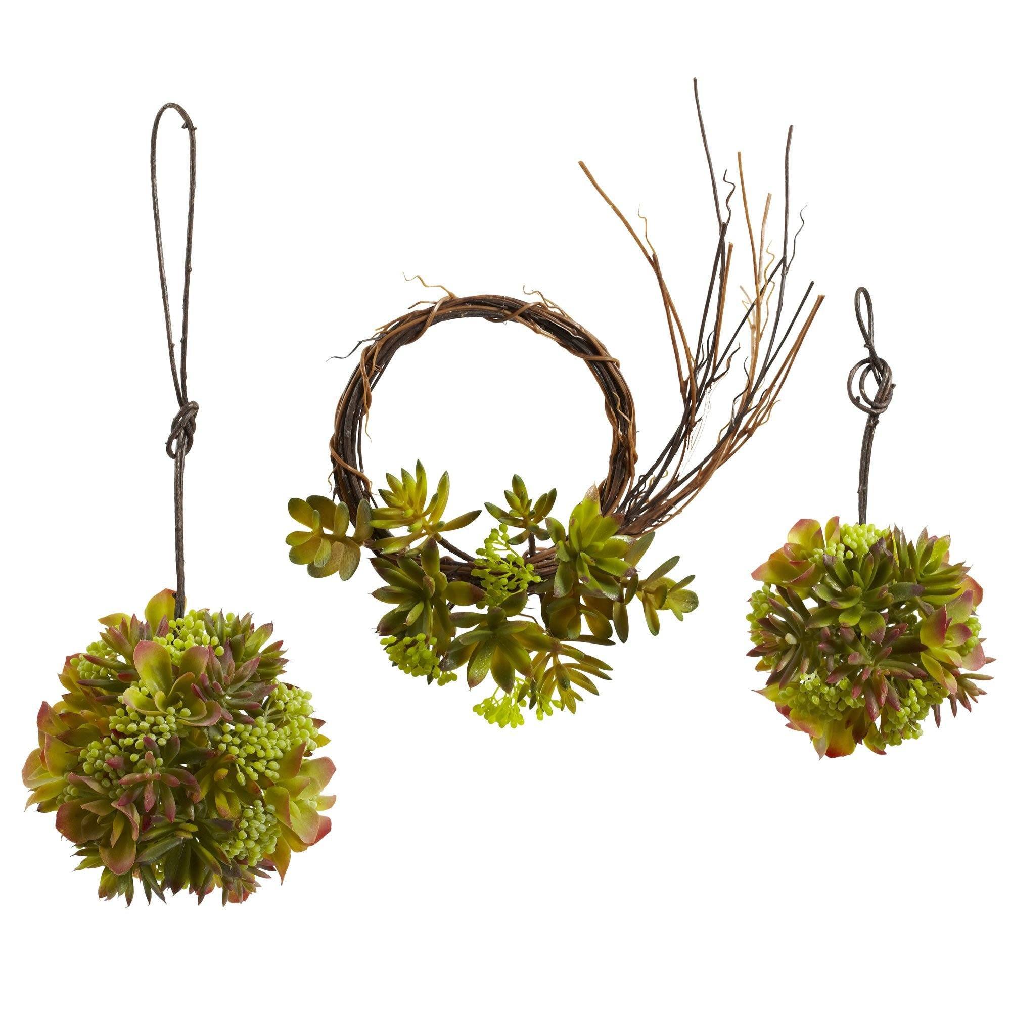 Mixed Succulent Wreath & Spheres (Set of 3) | Nearly Natural