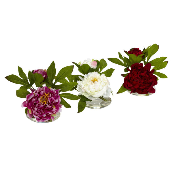 Peony w/Glass Vase (Set of 3) | Nearly Natural