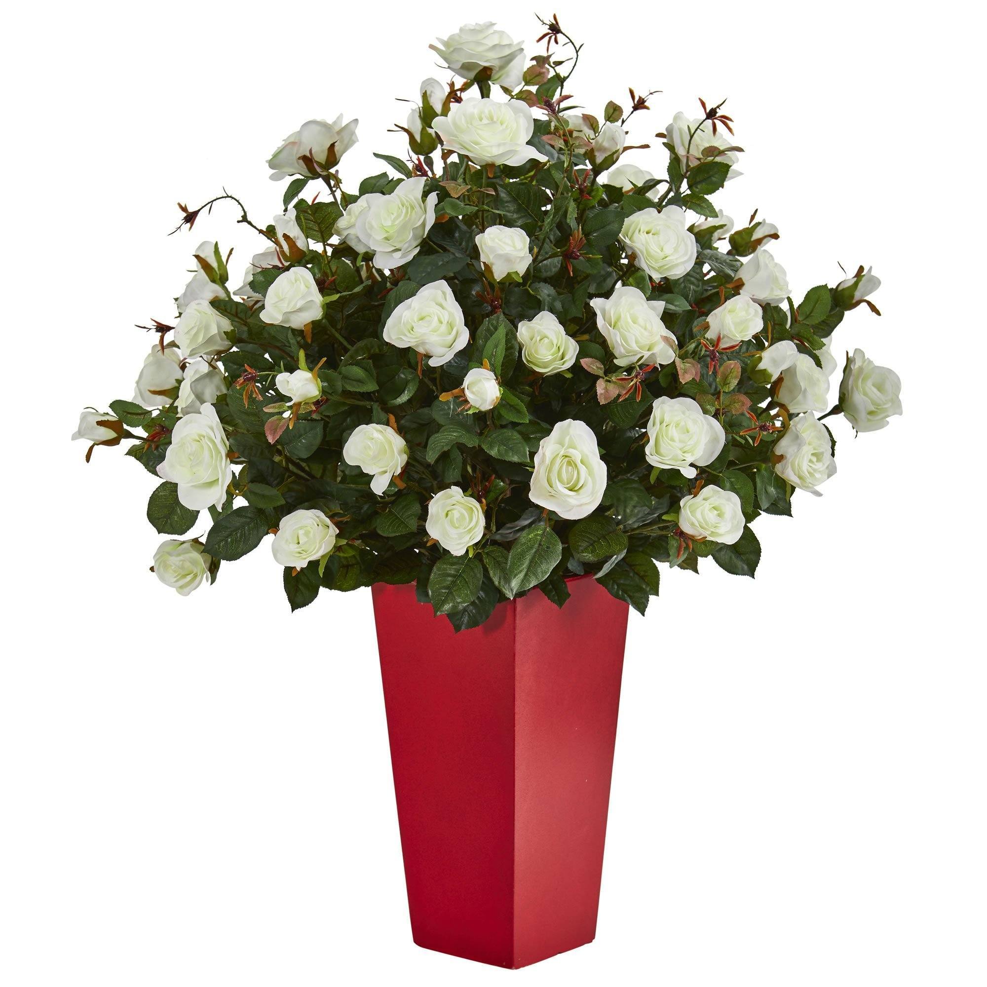 Rose Bush Artificial Plant in Red Planter | Nearly Natural