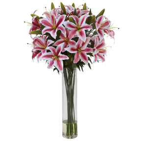 Rubrum Lily w/Large Cylinder Arrangement | Nearly Natural